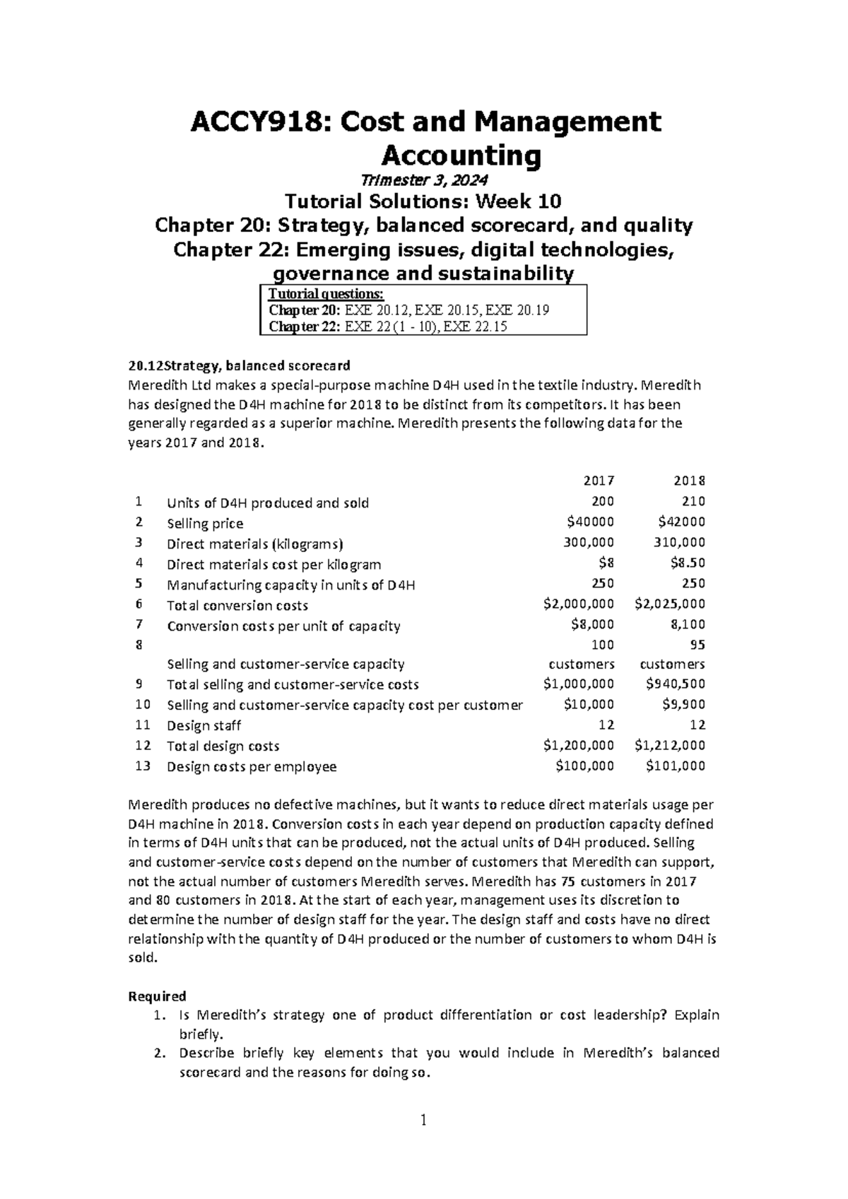WEEK 10 Tutorial Q - ACCY918: Cost and Management Accounting Trim ester ...