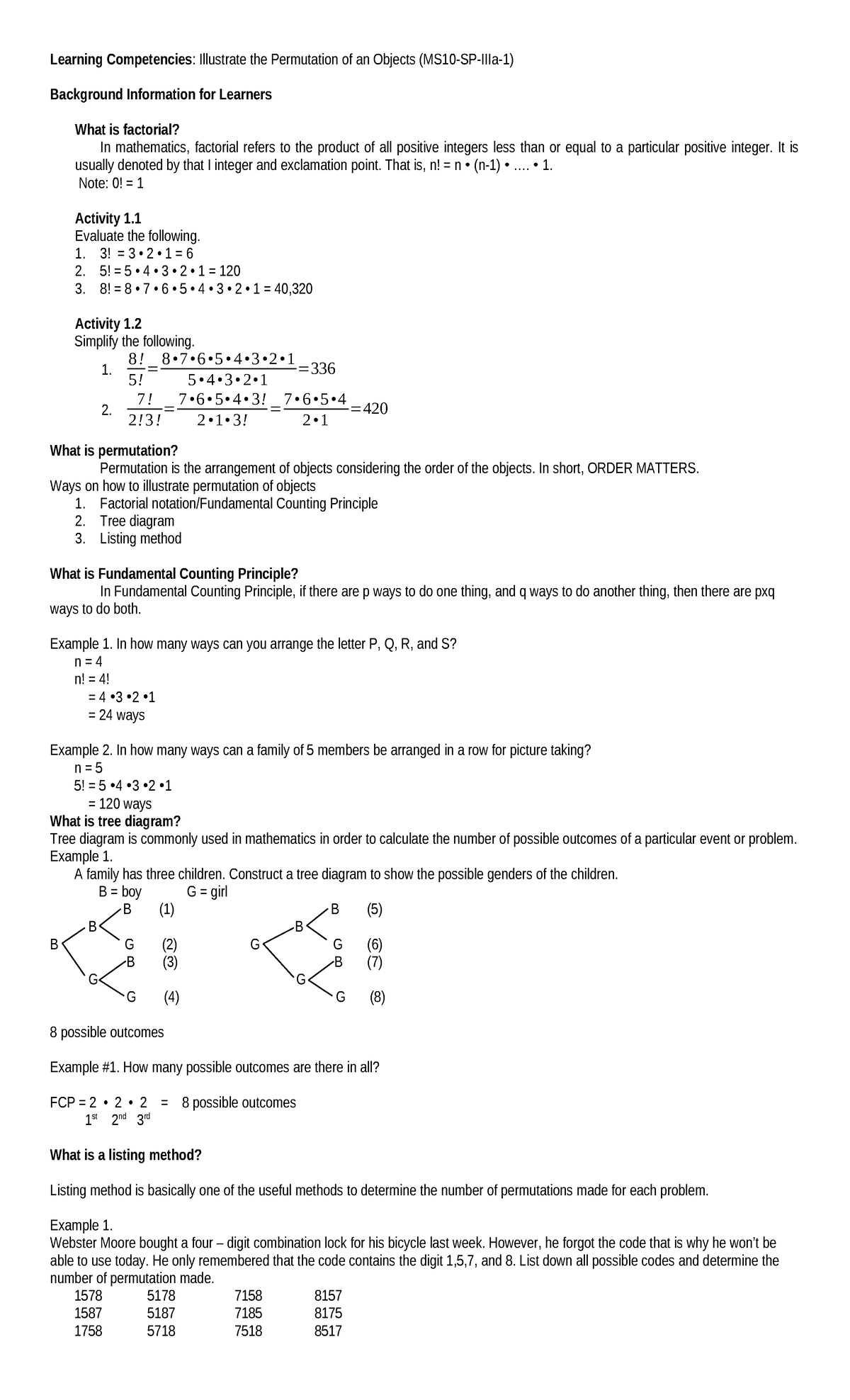Math 10 - activity materials - Learning Competencies: Illustrate the Permutation of an Objects ...