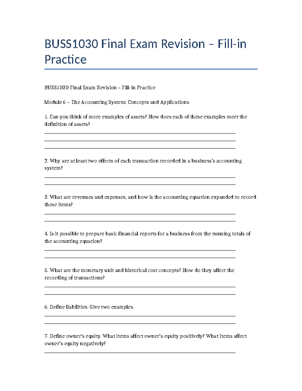 BUSS1030 Final Exam Revision: Accounting System Concepts & Applications ...