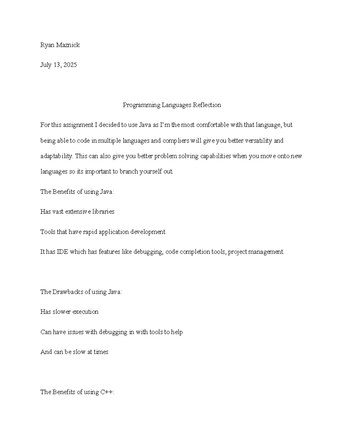 CS Module One Assignment: Reflection on Programming Languages - Studocu