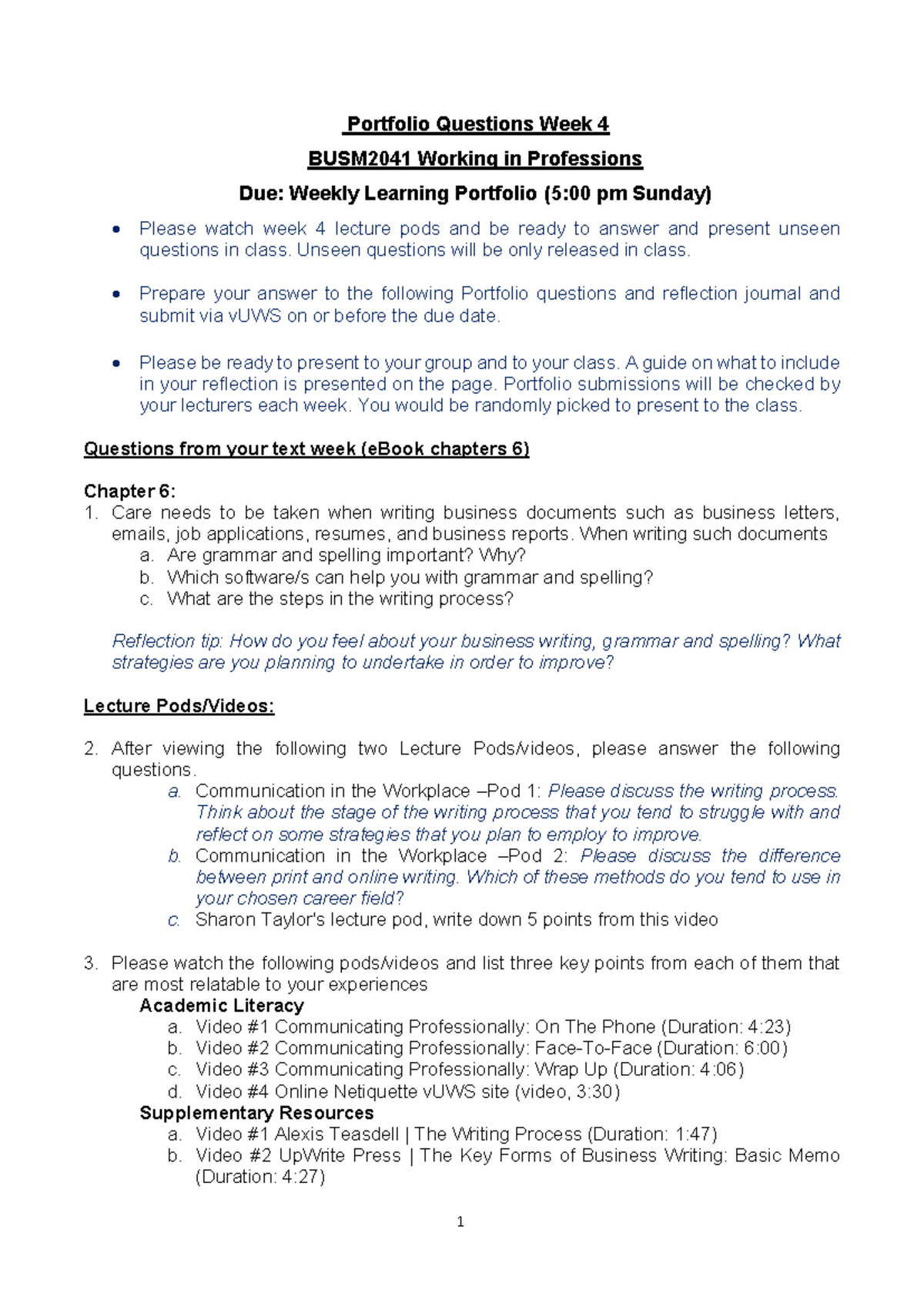 Week 4 Portfolio Questions for BUSM2041 - T3 2023 Submission Guide ...