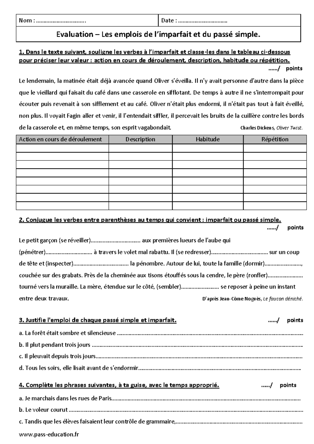 Évaluation 5ème : Emplois de l'imparfait et du passé simple - Studocu
