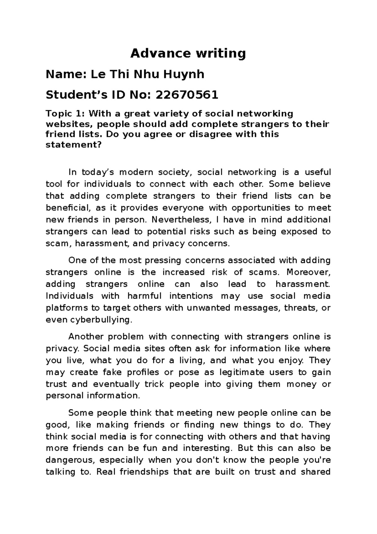 Adding strangers - Up để xem tài liệu huhu - Advance writing Name: Le ...