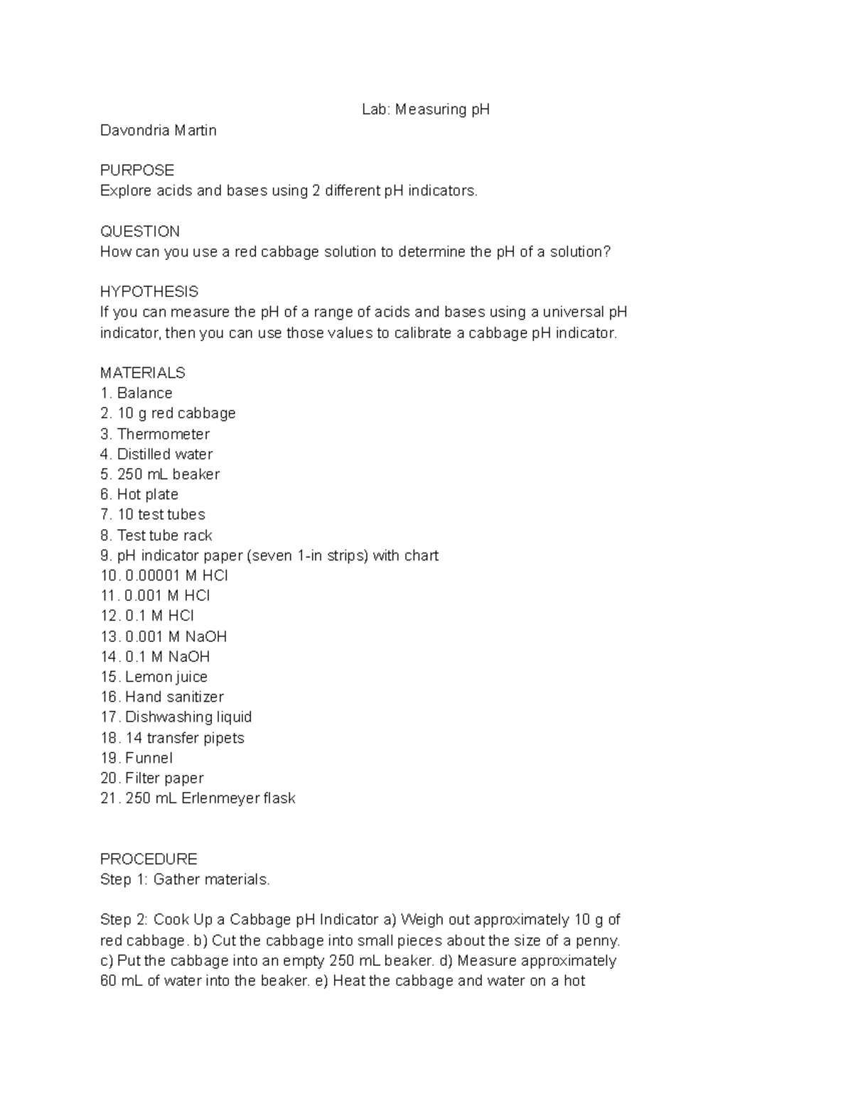 Lab Report: Measuring pH with Cabbage Indicator - Chemistry 101 - Studocu