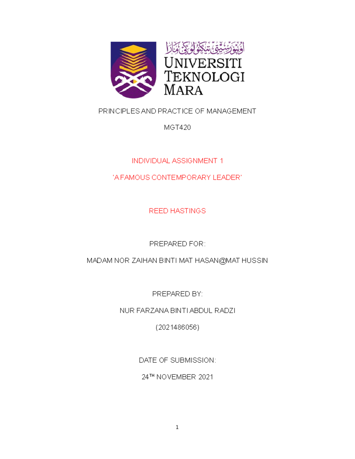 MGT420 Individual Assignment 1: Analysis of Reed Hastings' Leadership ...