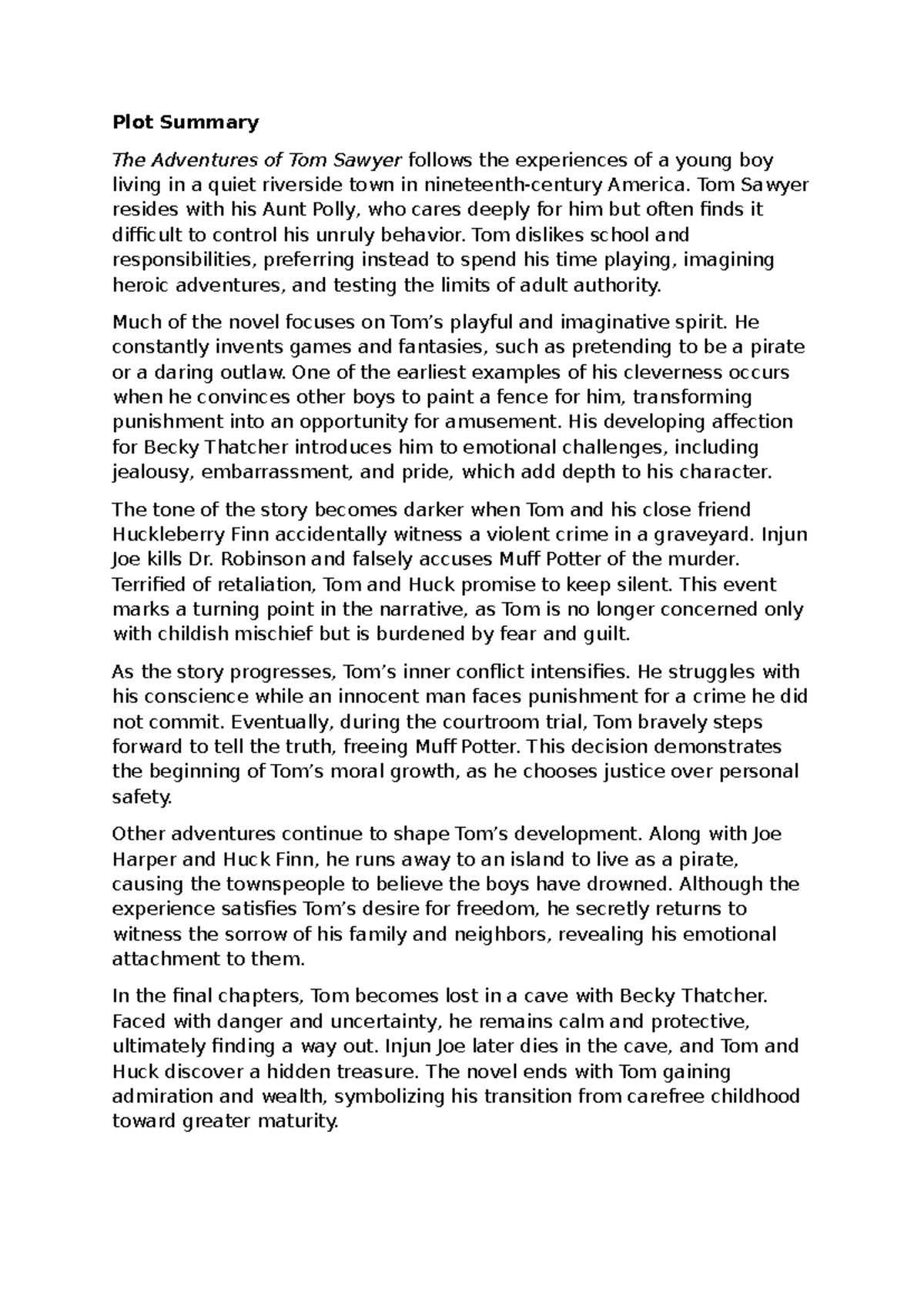 KDB: Plot Summary & Setting of The Adventures of Tom Sawyer - Studocu