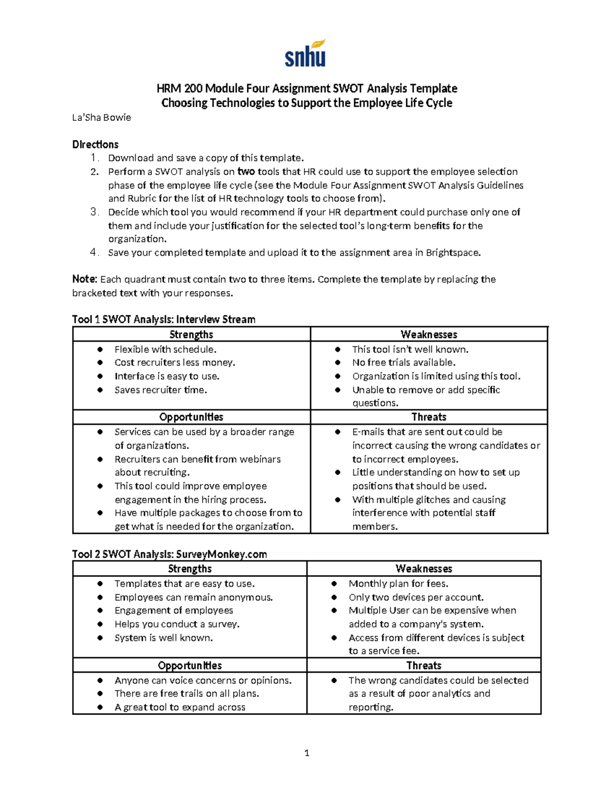 HRM 200 Module Four Assignment SWOT Analysis Template - Download and ...