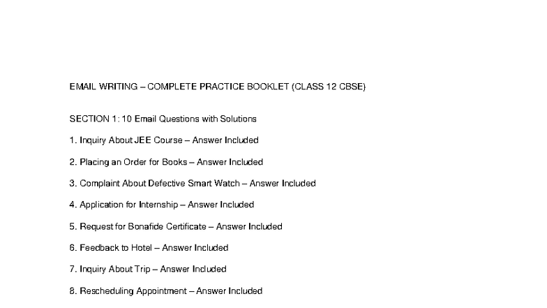Email Writing Practice Booklet (Class 12 CBSE) with Solutions - Studocu