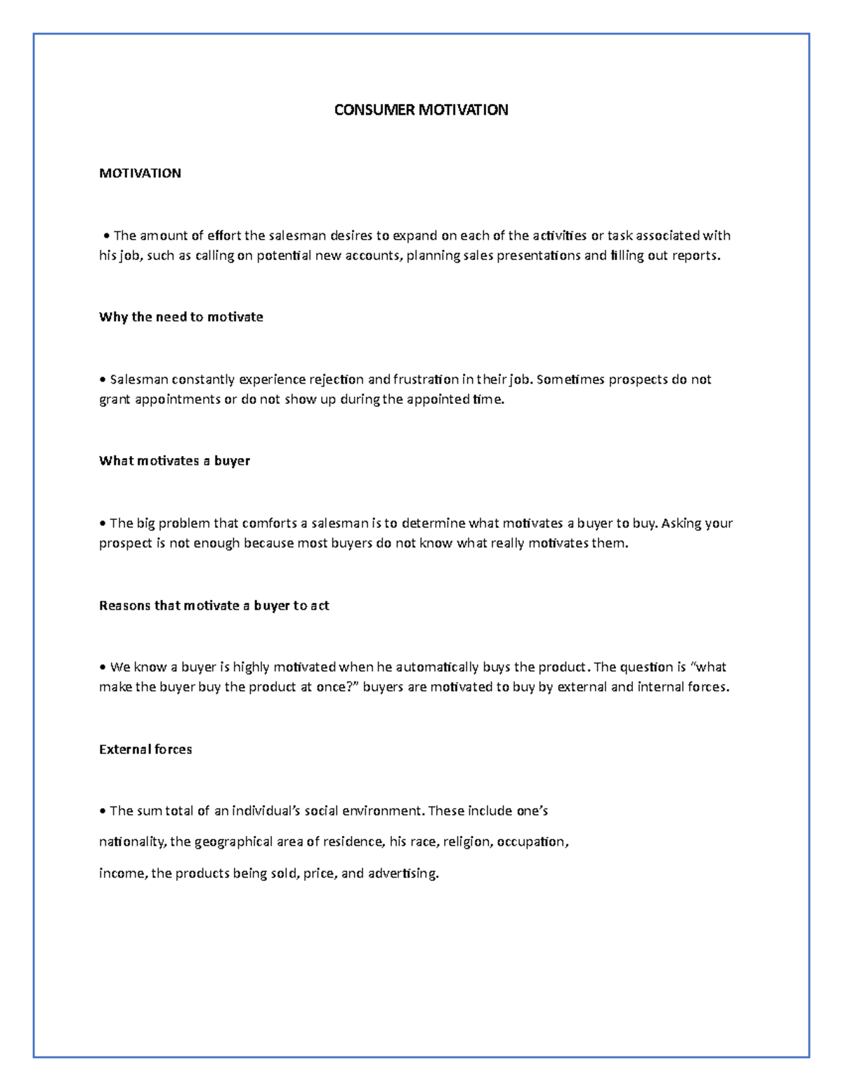 Consumer- Motivation lecture notes - CONSUMER MOTIVATION MOTIVATION The ...