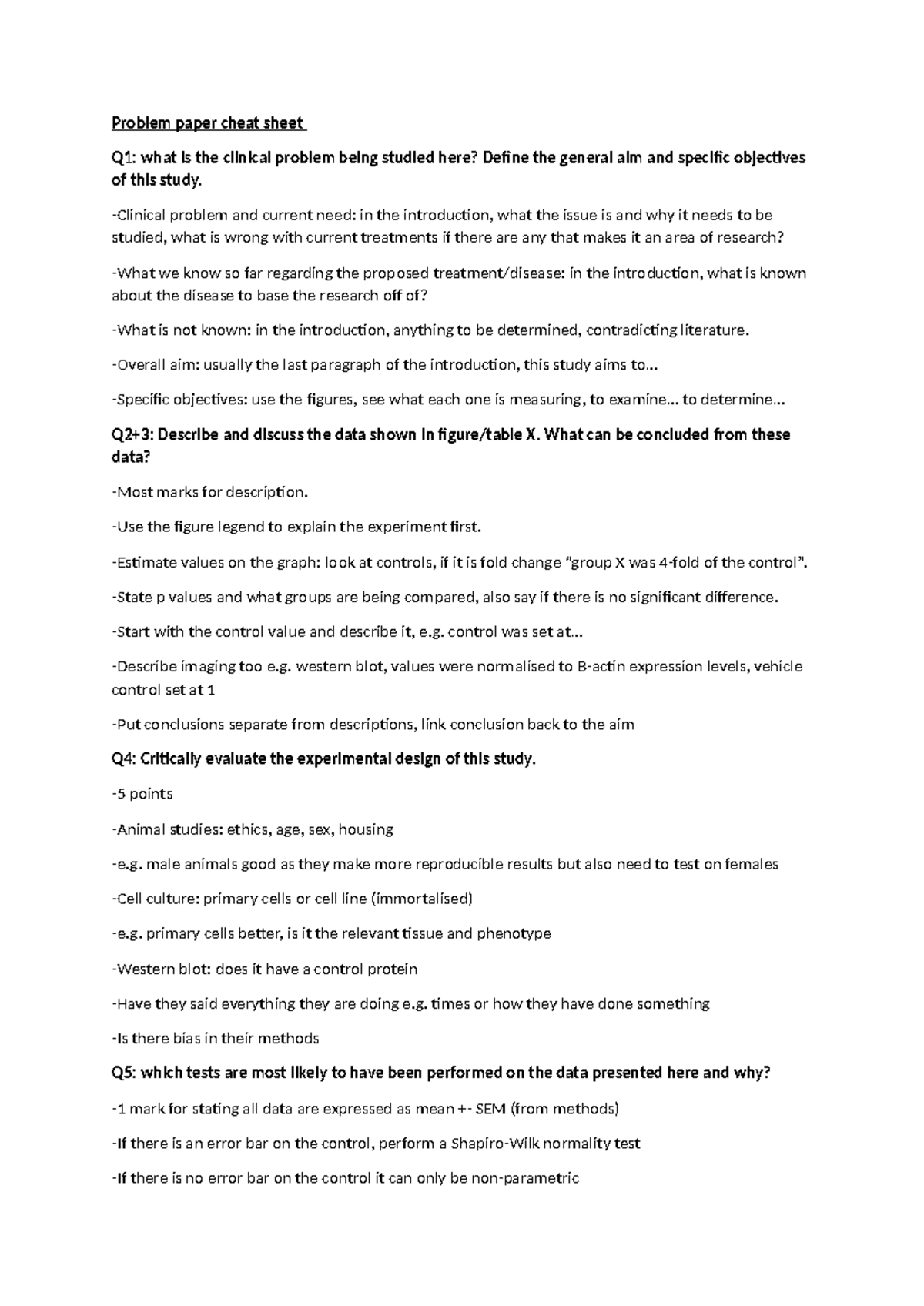 Problem Paper Cheat Sheet: Clinical Study Analysis Q1-Q5 - Studocu