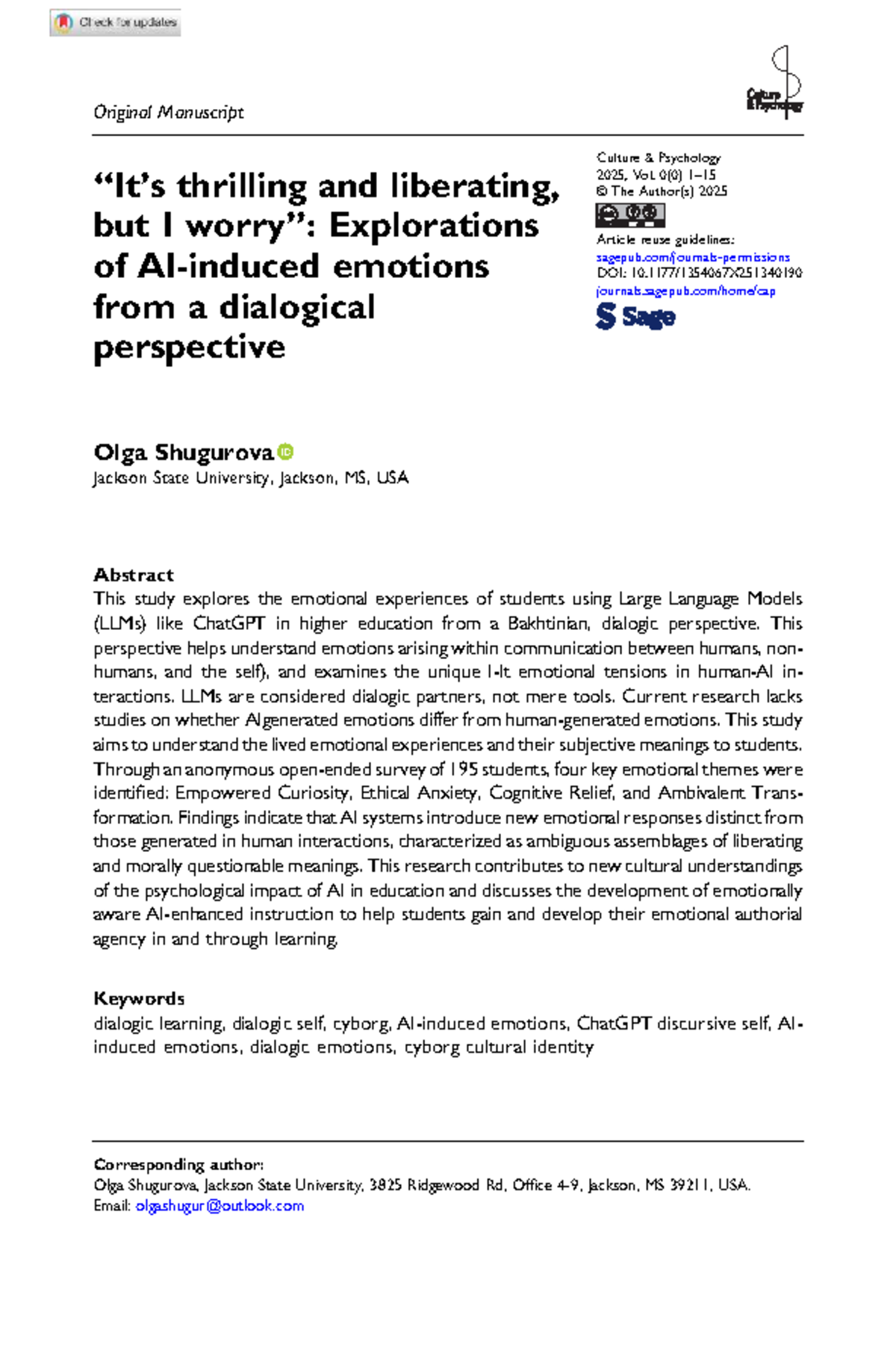 Explorations of AI-Induced Emotions in Education: A Dialogical Study ...