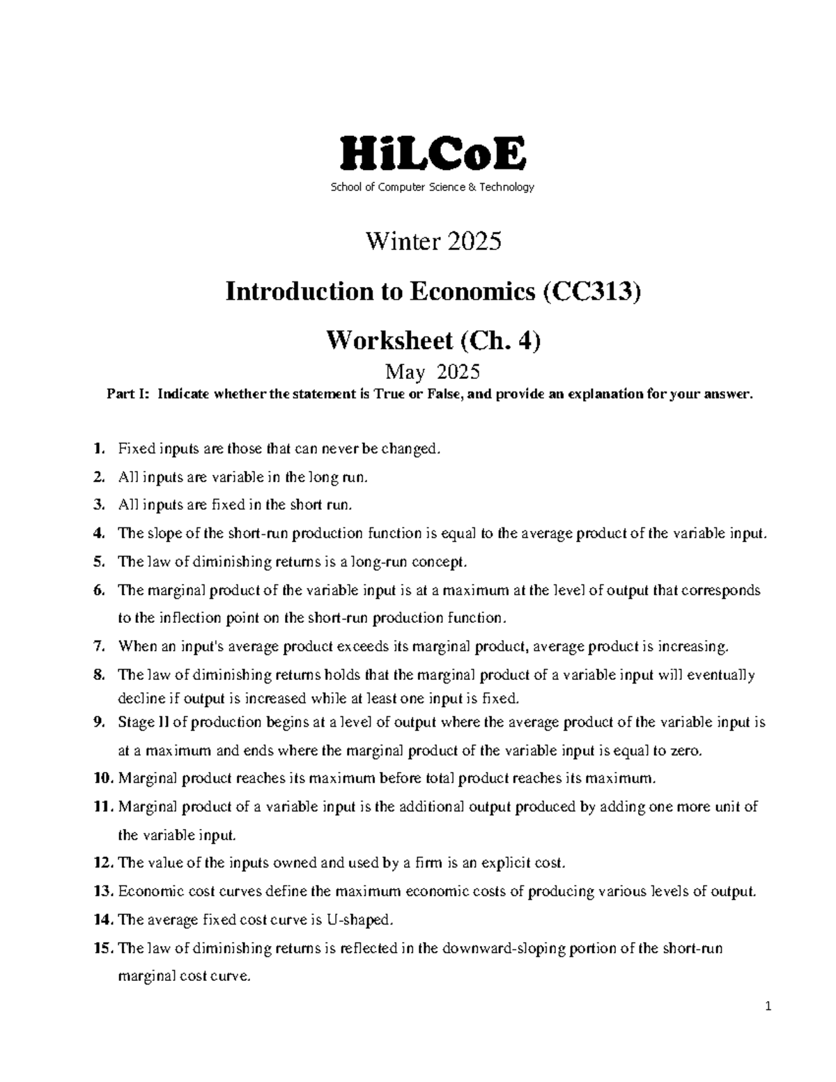 HiLCoE CC313 Winter 2025 Economics Chapter 4 Worksheet - Studocu