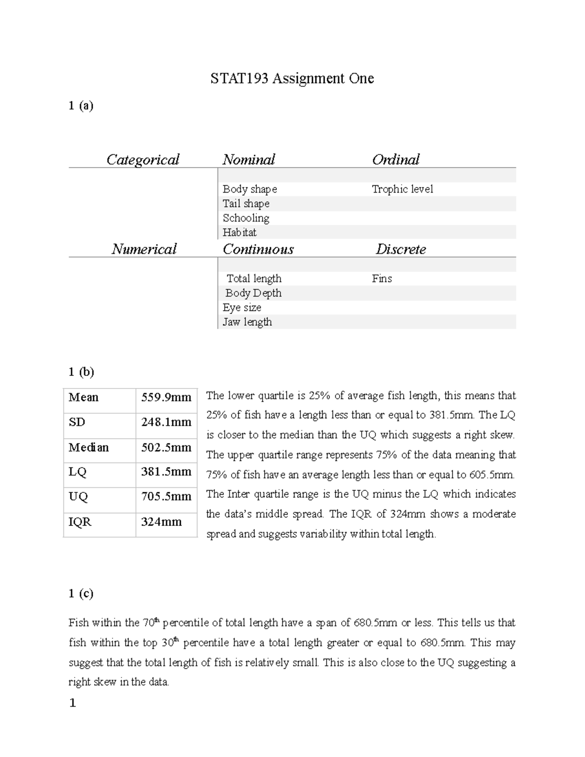 Assignment one - STAT193 Assignment One 1 (a) Categorical Nominal ...