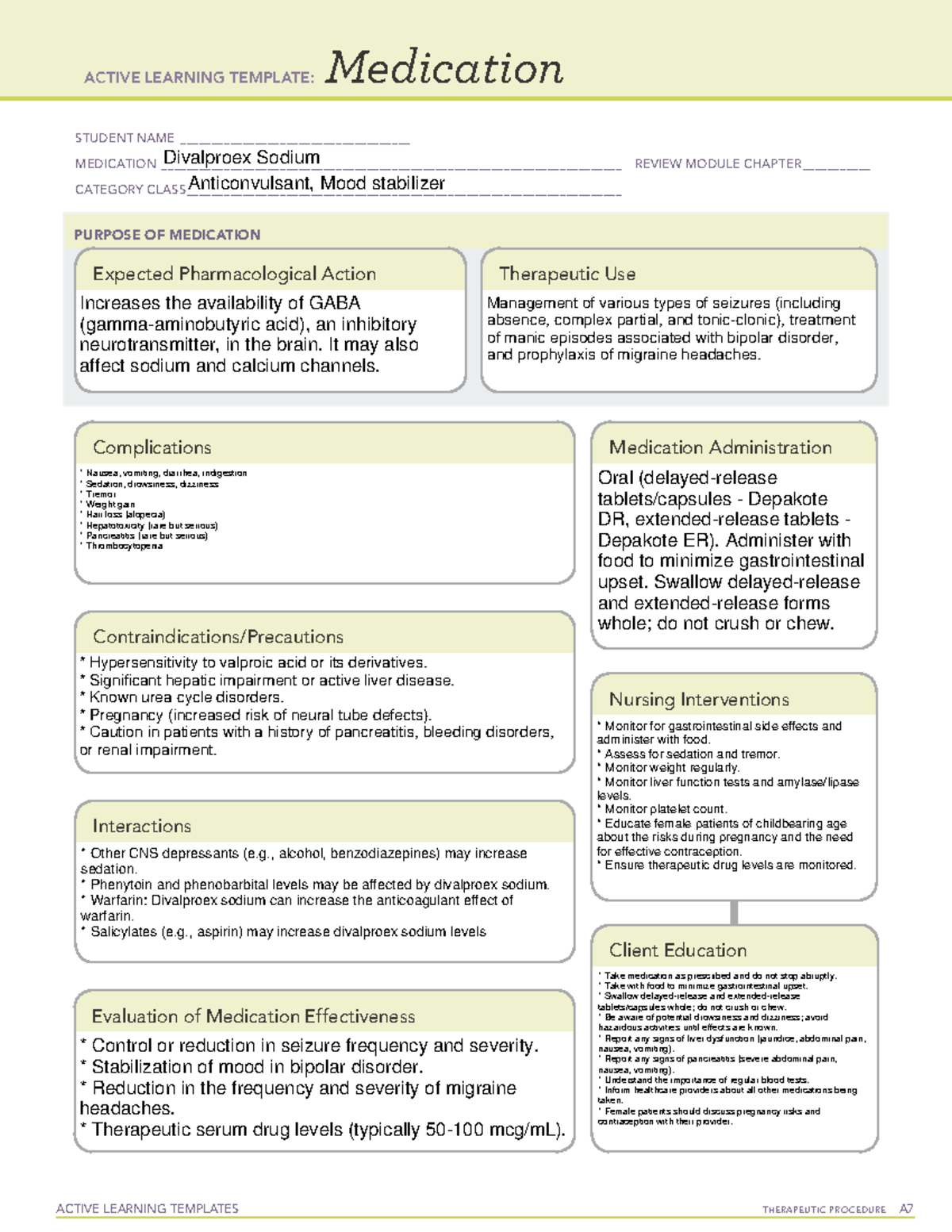 Active Learning Template: Divalproex Sodium Review Module (Pharm 101 ...
