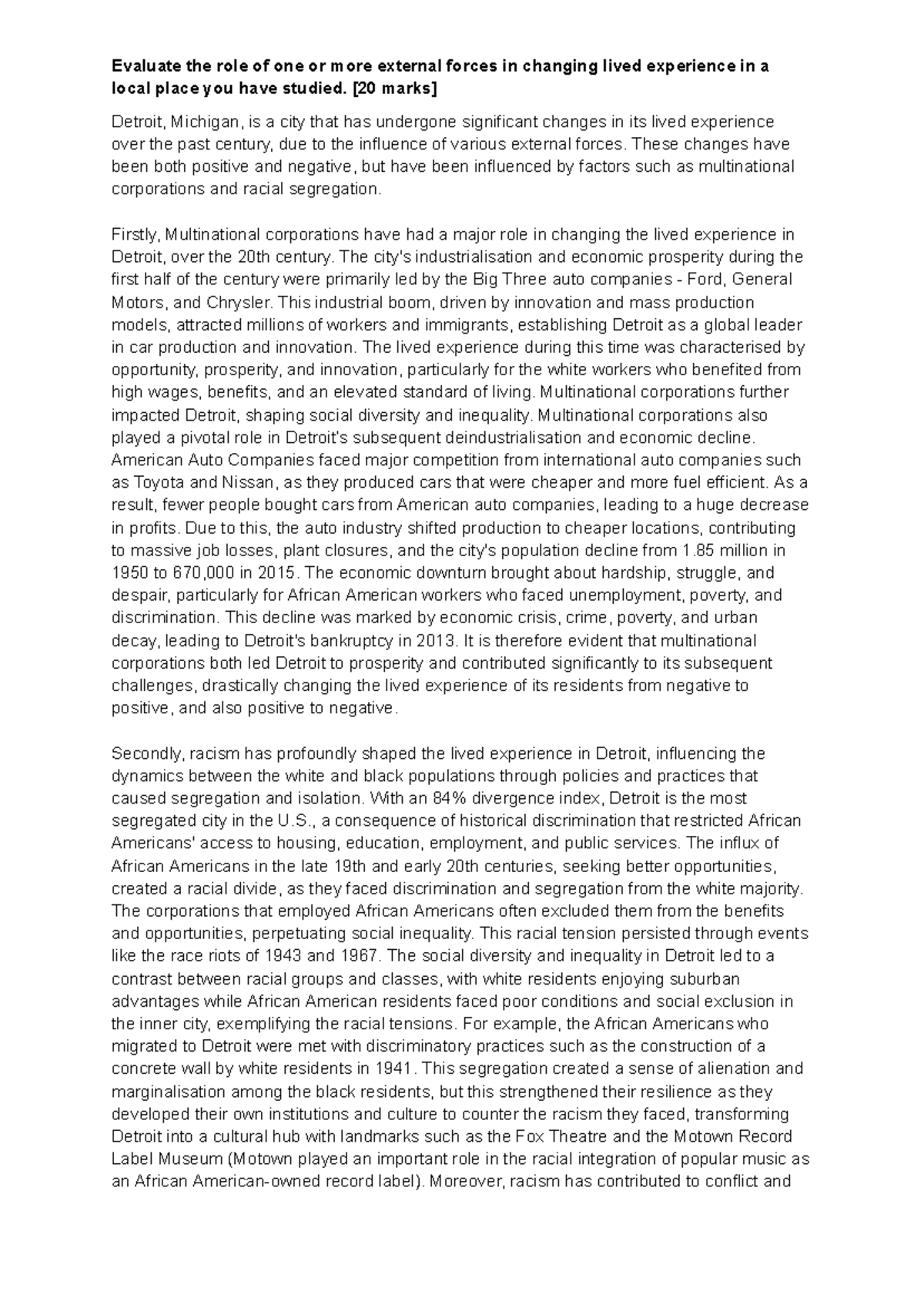 ENG200 - External Forces Influencing Lived Experiences in Detroit - Studocu