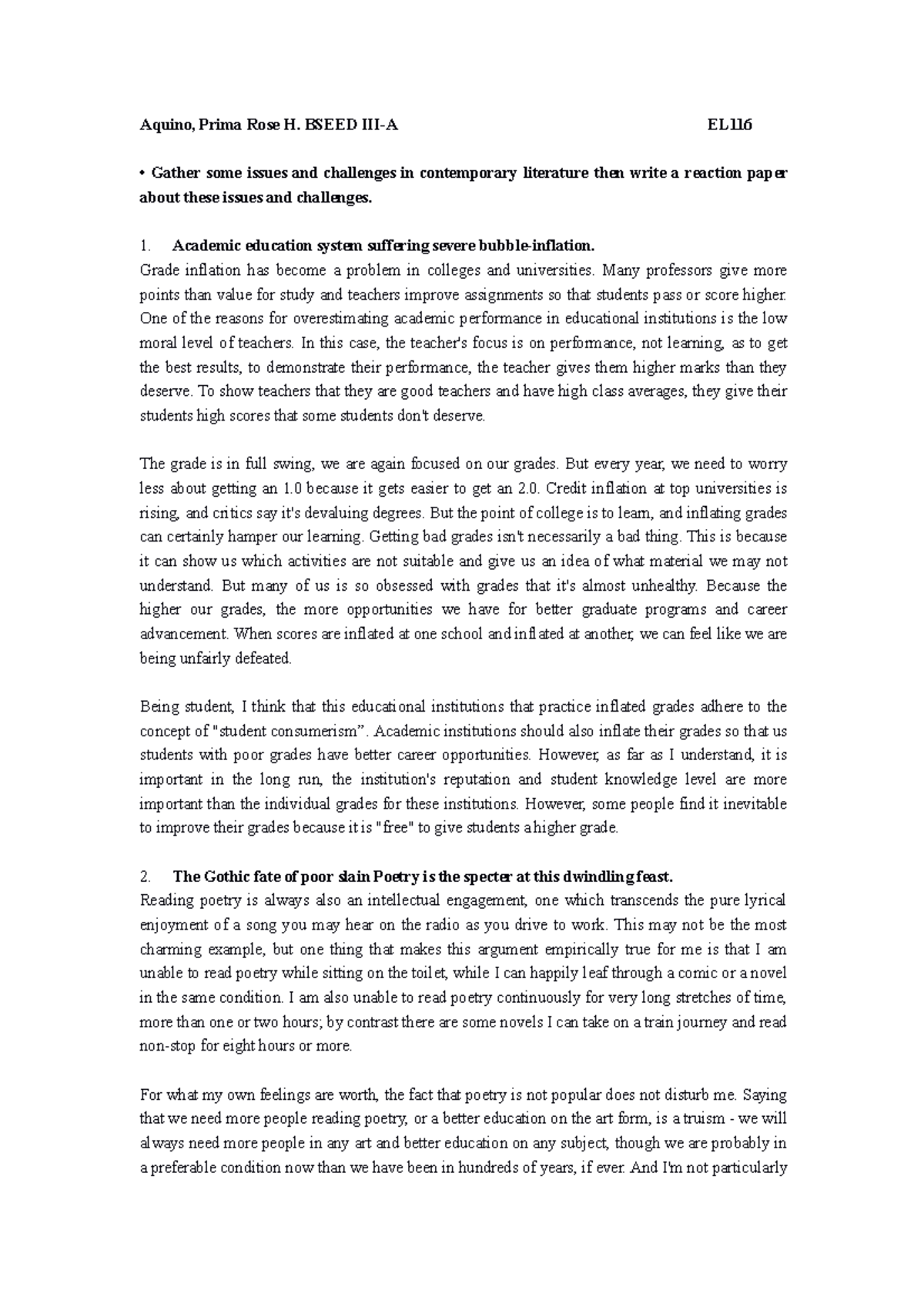 Reaction Paper 1: Issues in Contemporary Literature - BSEED III-A EL ...