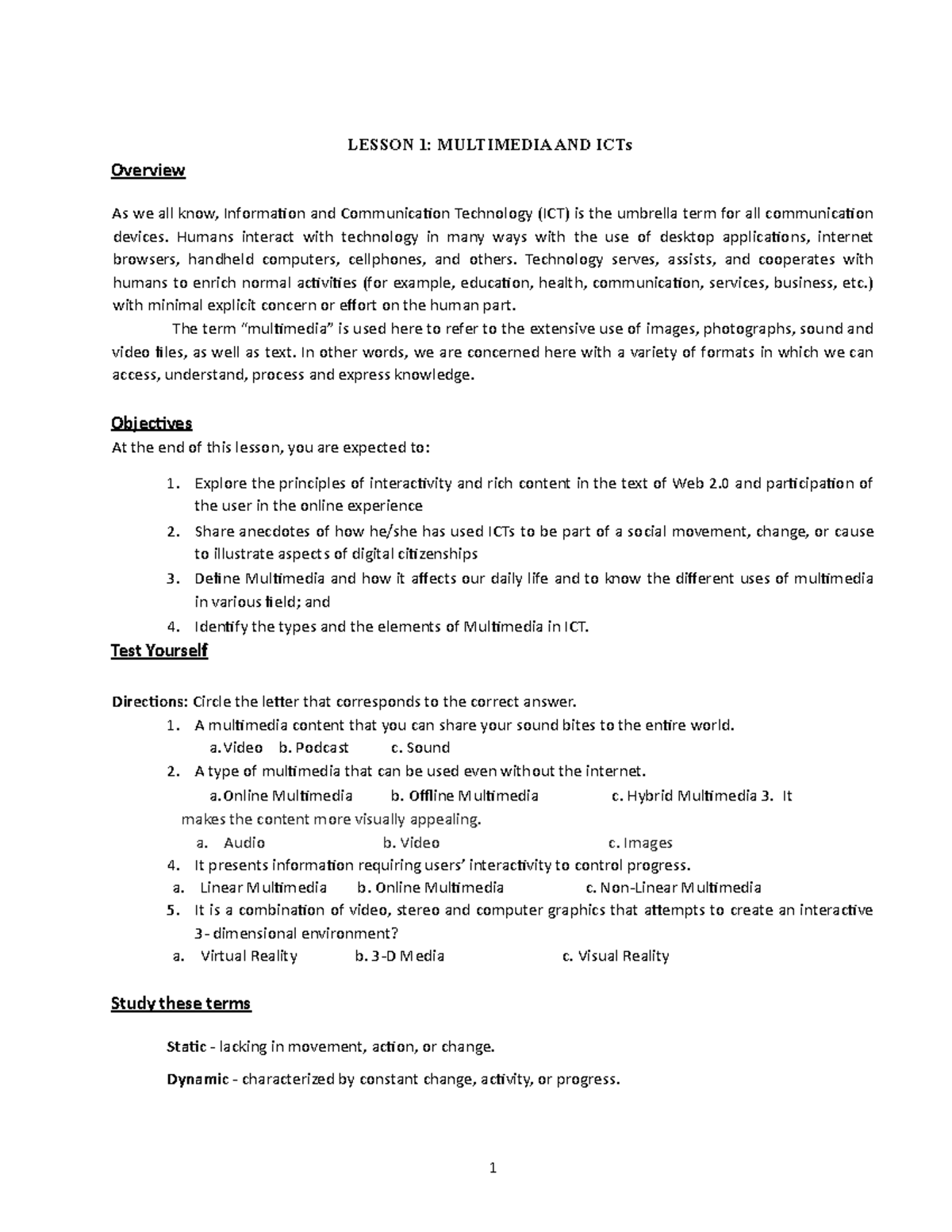 Lecture in ET 1 - LESSON 1: MULTIMEDIA AND ICTs Overview As we all know ...