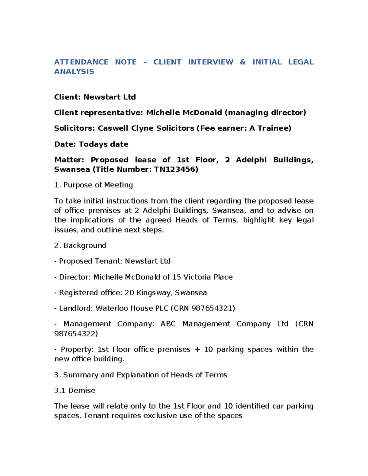 Attendance Note: Initial Legal Analysis for Proposed Lease - Newstart ...