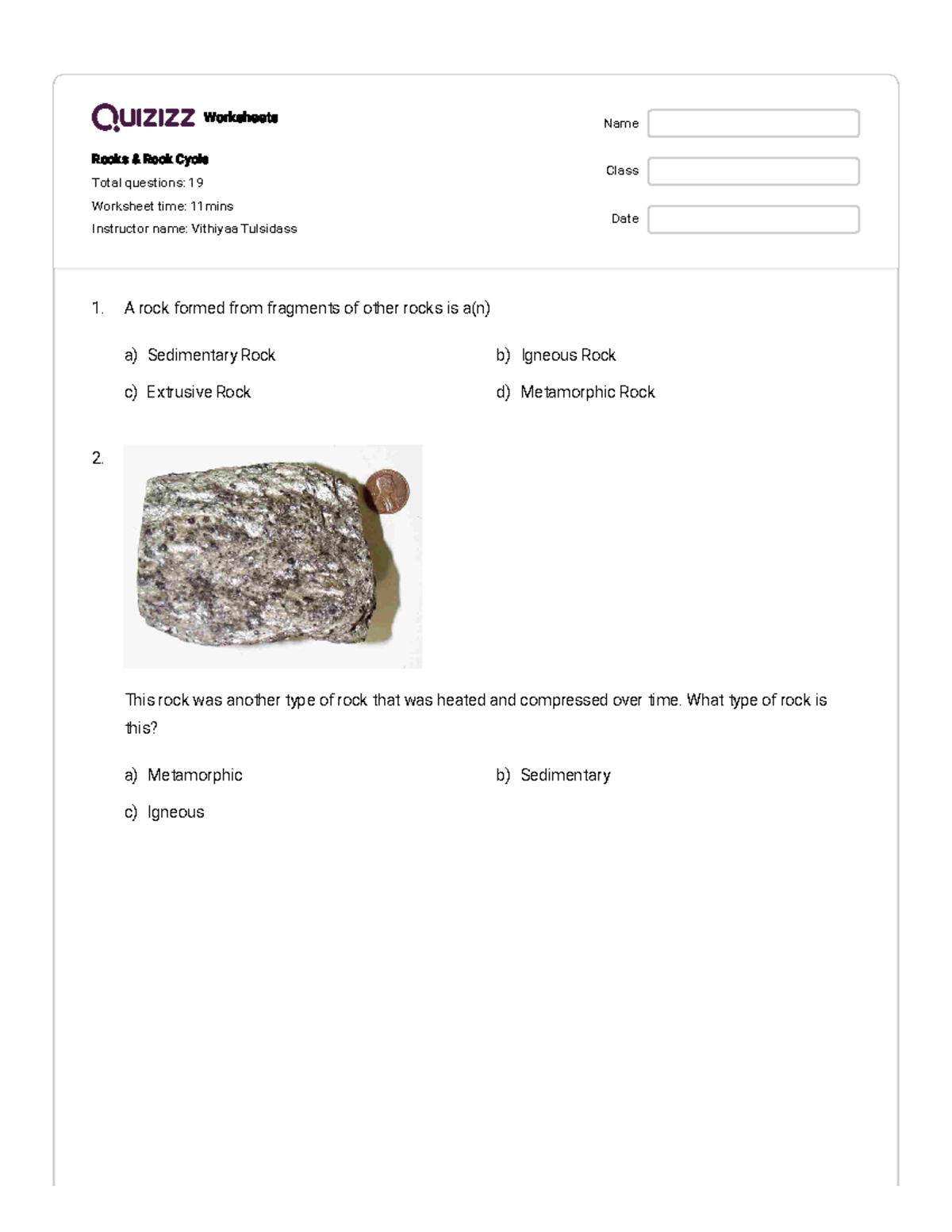 Rocks & Rock Cycle Quizizz Worksheet - Total Questions: 19 - Studocu