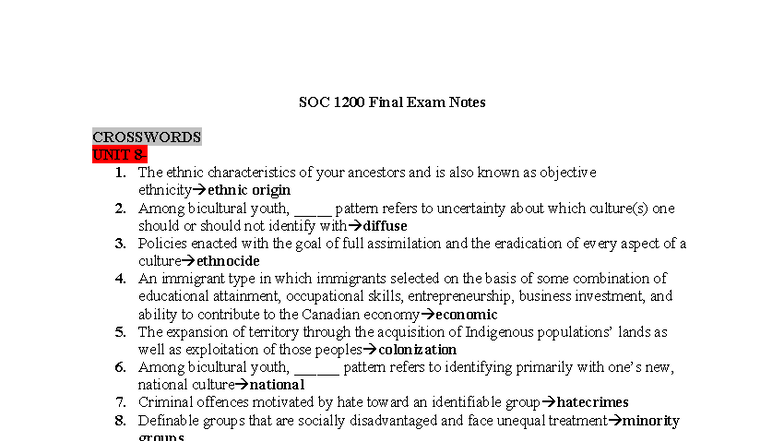 SOC 1200 Final Exam Notes: Key Concepts and Crosswords - Studocu