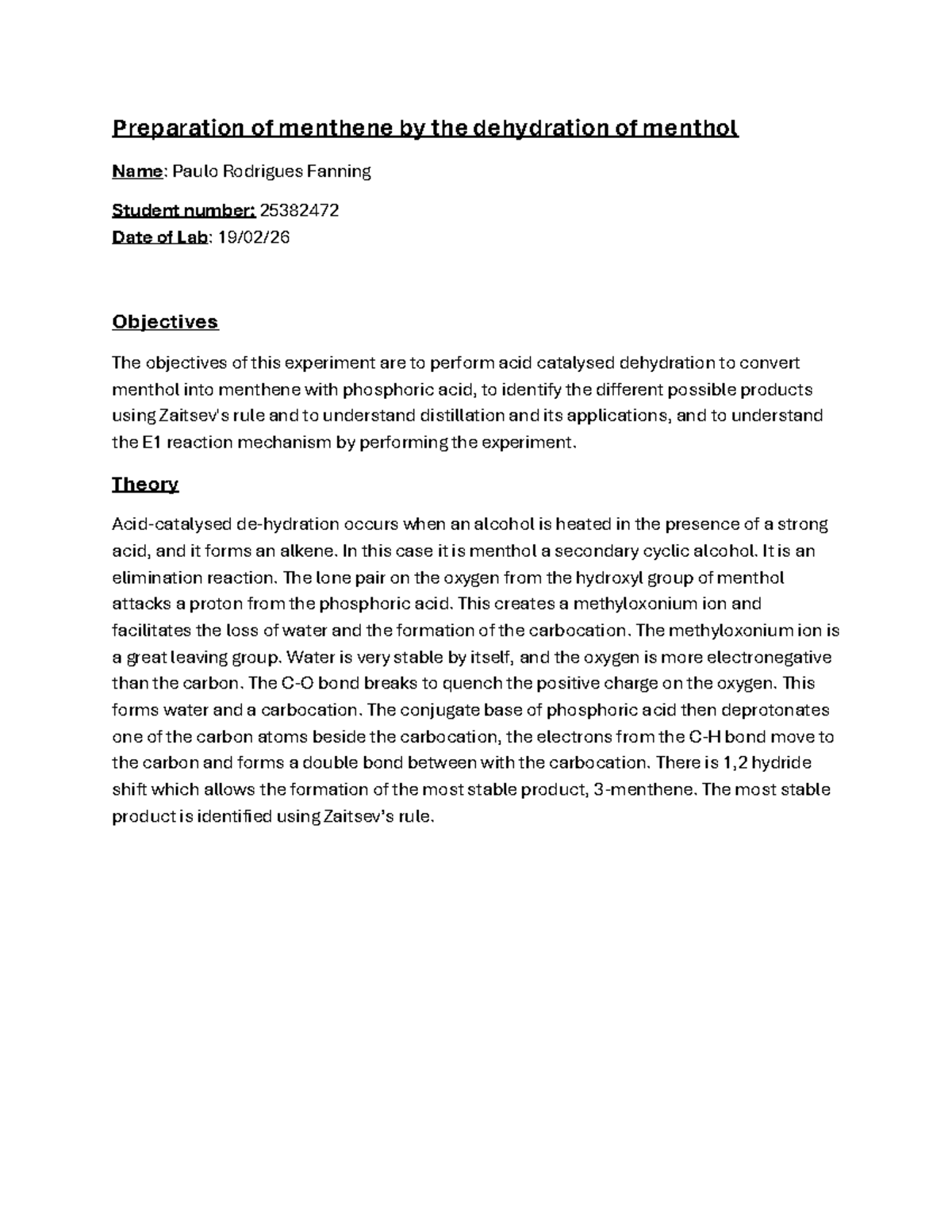 Lab Report: Preparation of Menthene via Dehydration of Menthol - Studocu