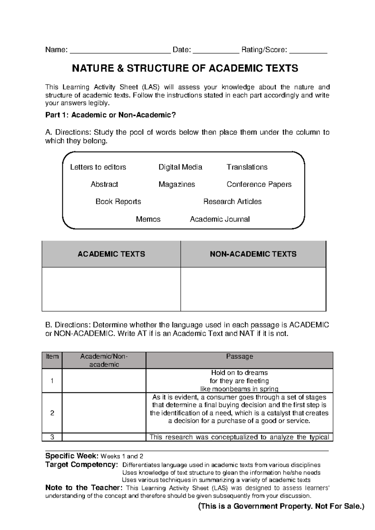 EAPP Learning Activity Sheets for Weeks 1 & 2: Academic Texts Analysis ...