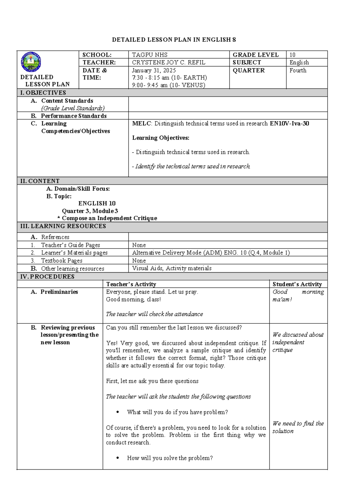 Q4 ENG 10 Detailed Lesson Plan: Technical Terms in Research - Studocu