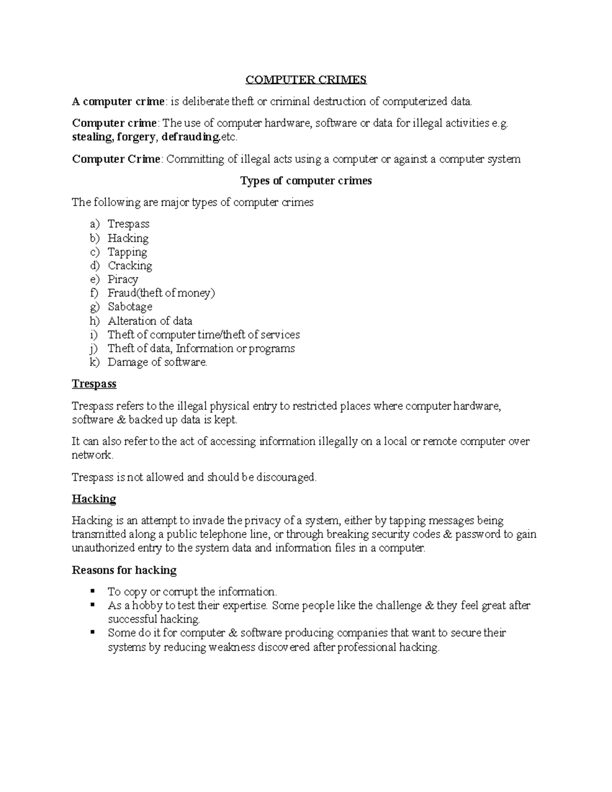 Computer Crimes: Key Concepts and Types - Notes - Studocu