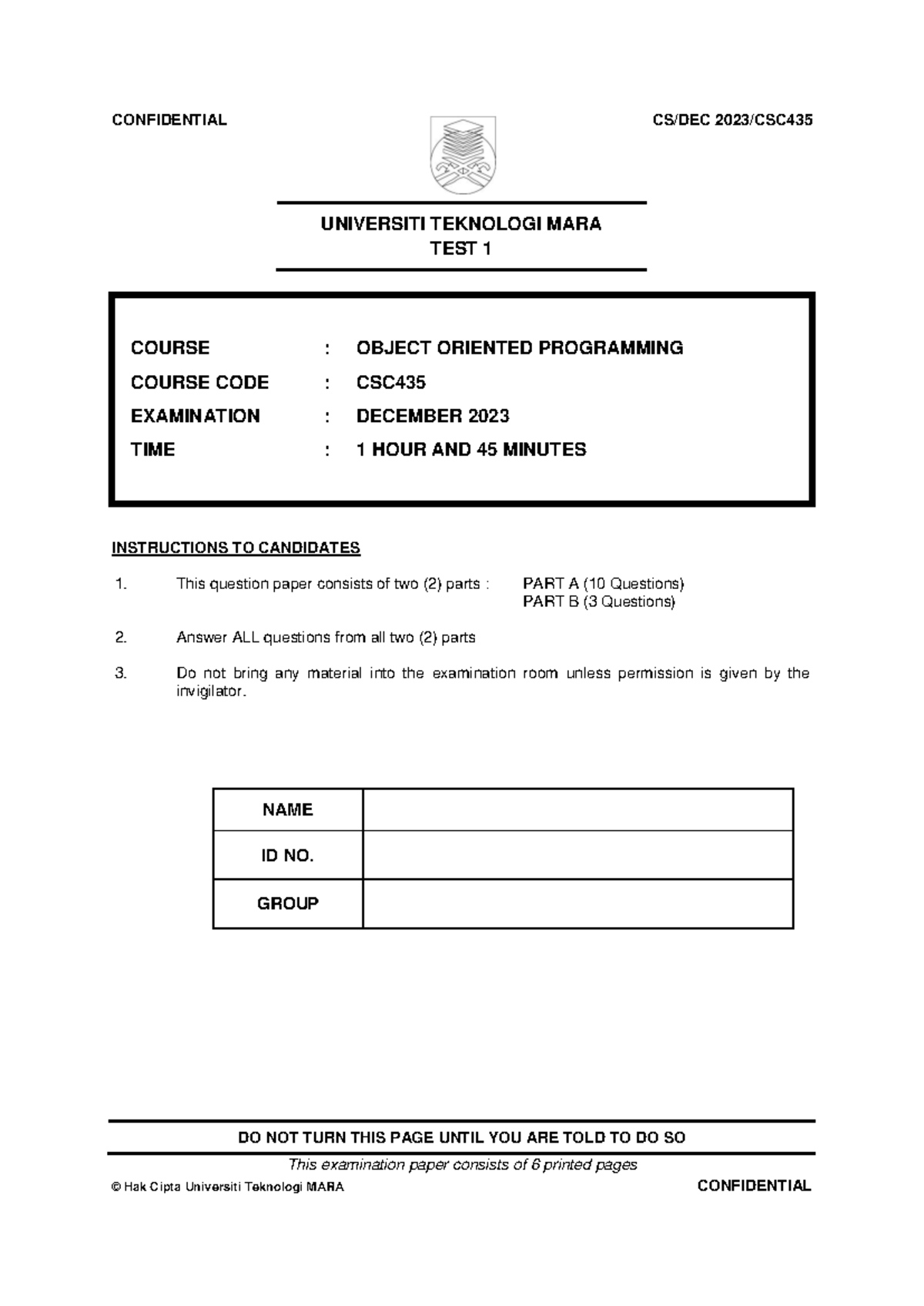 TEST1 CSC435 DEC 2023 - UNIVERSITI TEKNOLOGI MARA TEST 1 COURSE ...