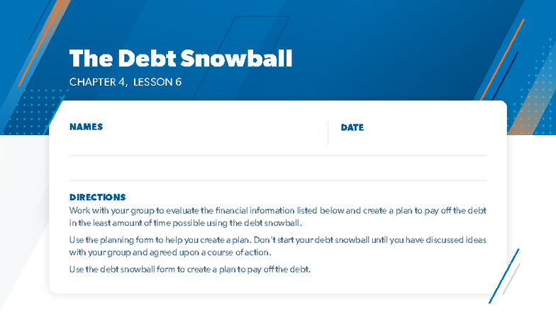 Debt Snowball Strategy: CH 4, L6 - Group Planning Guide - Studocu