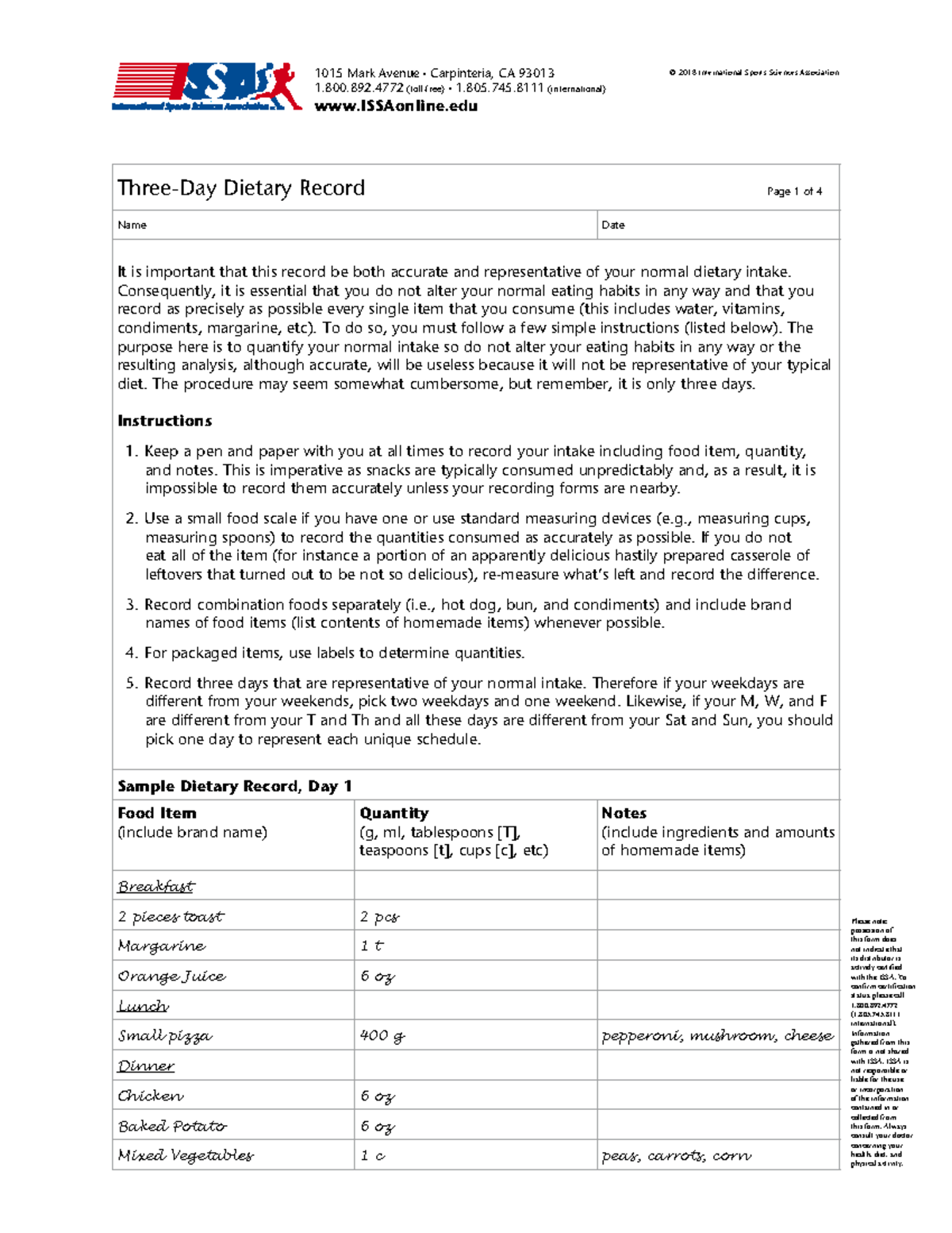 ISSA Client Intake Forms and Three-Day Dietary Record Guide - Studocu