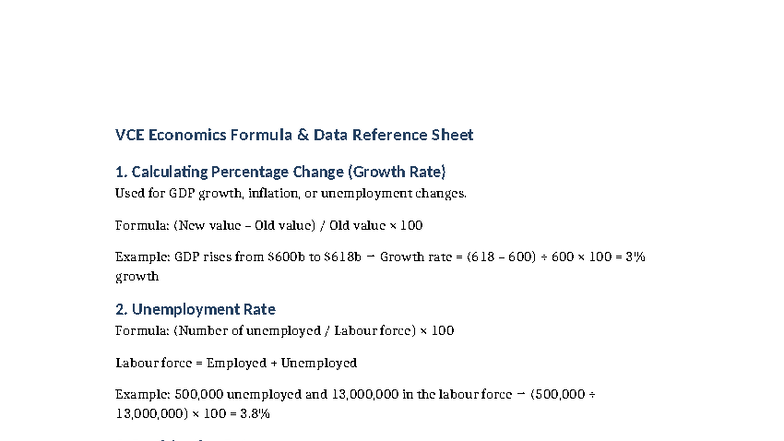 VCE Economics Formula Data Reference Sheet: Key Calculations - Studocu