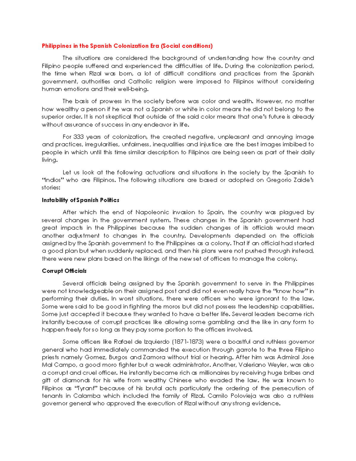 Philippines in the Spanish Colonization Era: Social Conditions & Injustices - Studocu