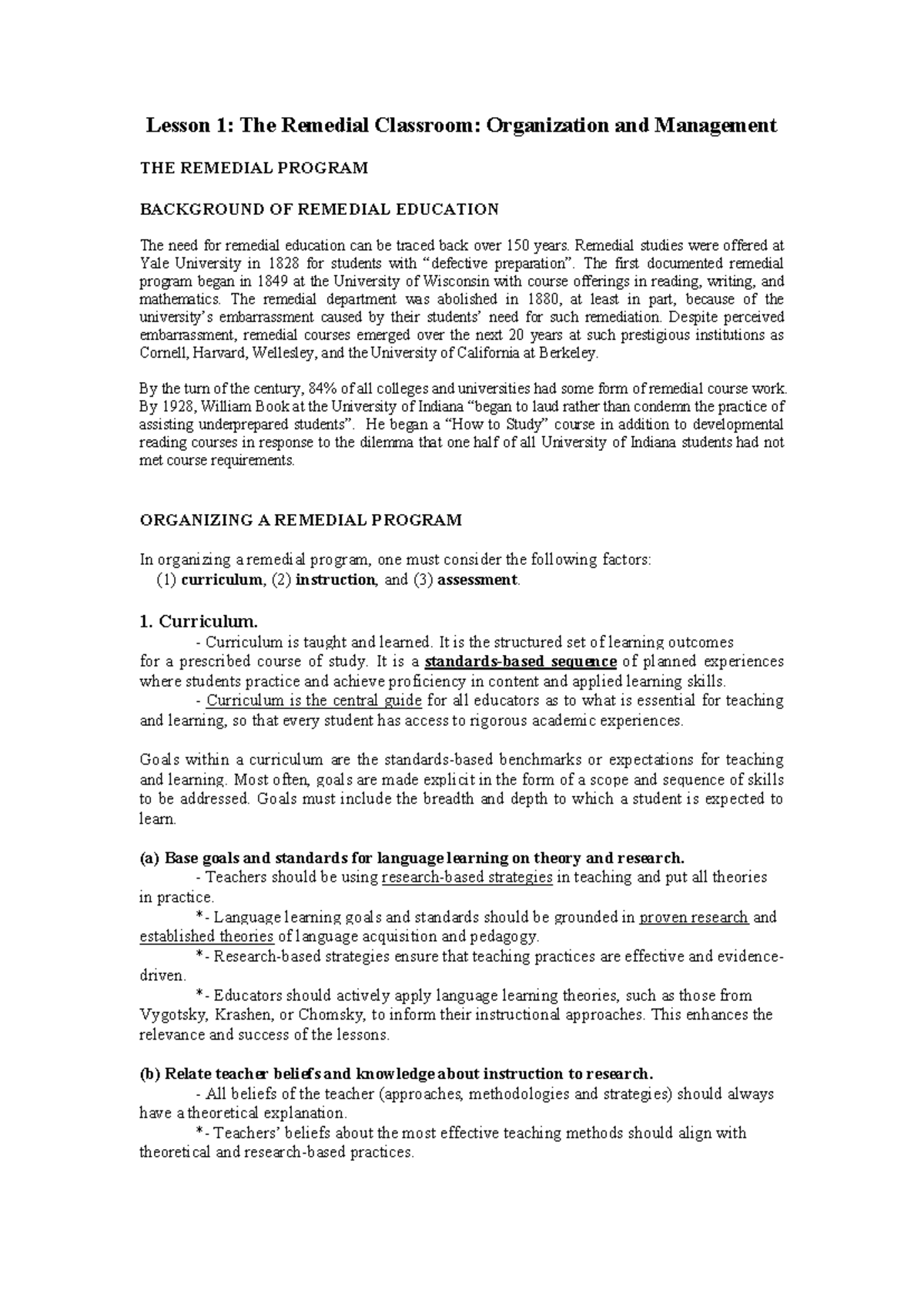 Lesson 1: The Remedial Classroom - Org & Management Insights - Studocu
