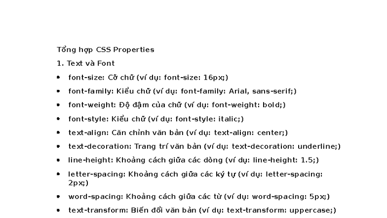 Tổng hợp Thuộc Tính CSS: Từ Text, Font đến Layout và Hình Ảnh - Studocu
