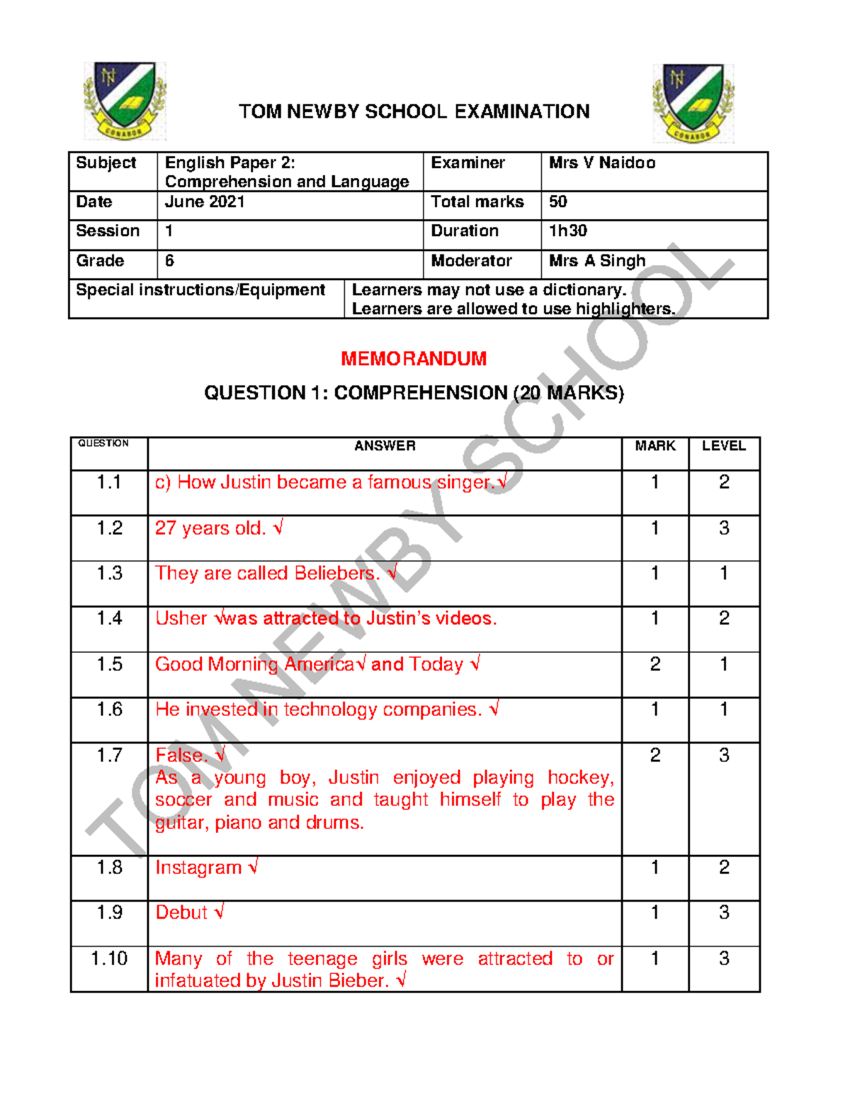 Grade 6 English Memo June 2021: Comprehension & Language Exam - Studocu