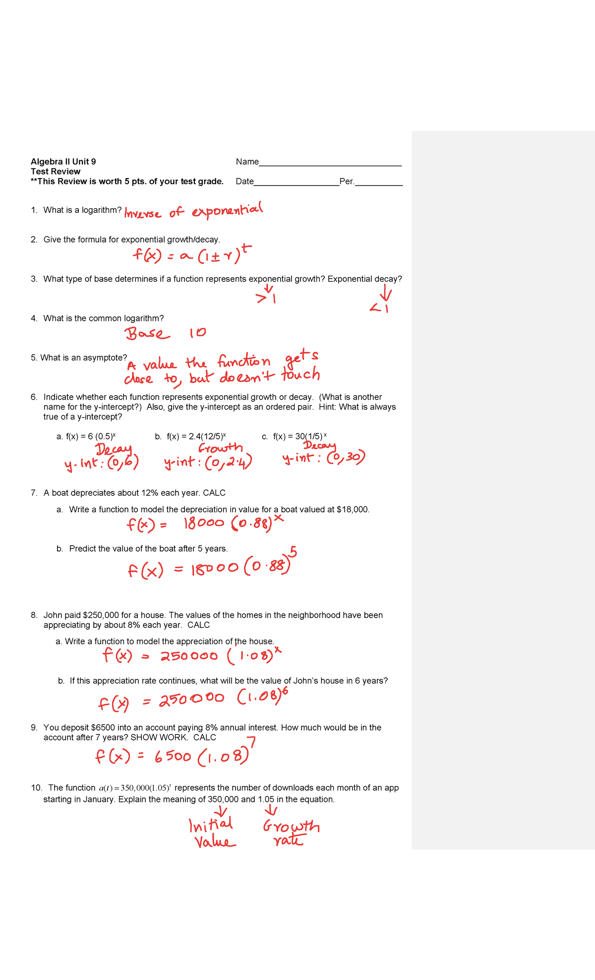 Algebra II (Unit 9) Test Review & Key Concepts - Studocu