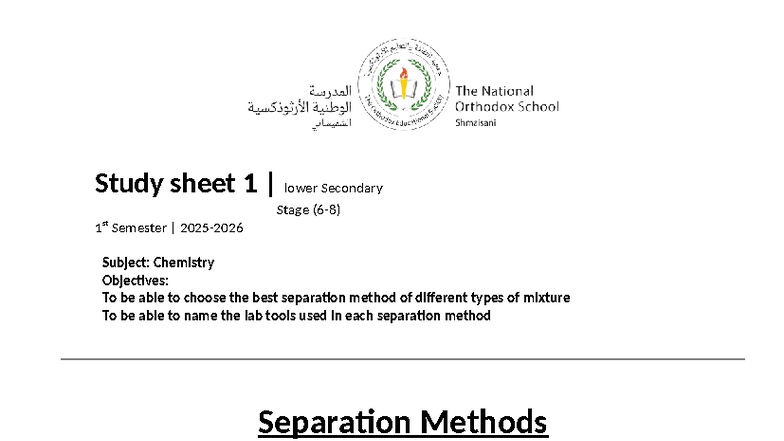 Chemistry Separation Methods Study Sheet - Lower Secondary St 1 - Studocu