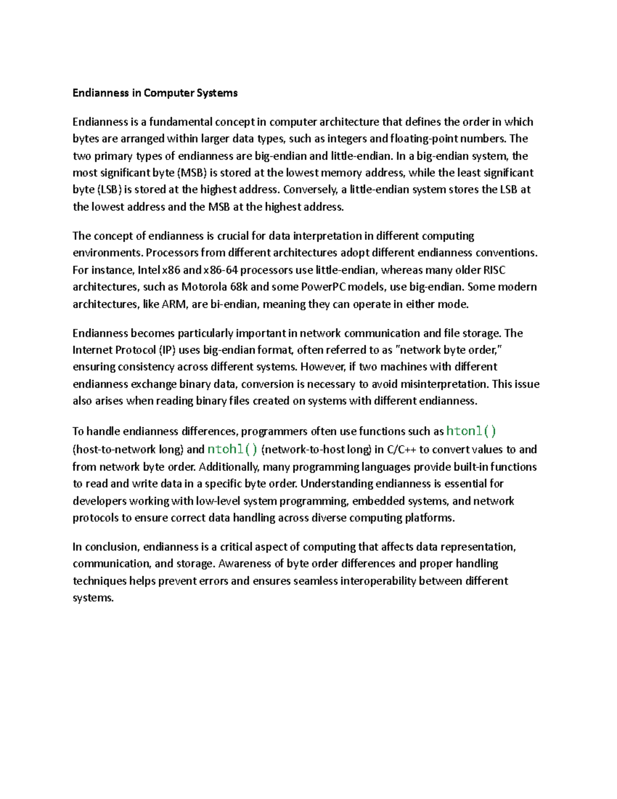 Endianness Essay - Endianness in Computer Systems Endianness is a ...