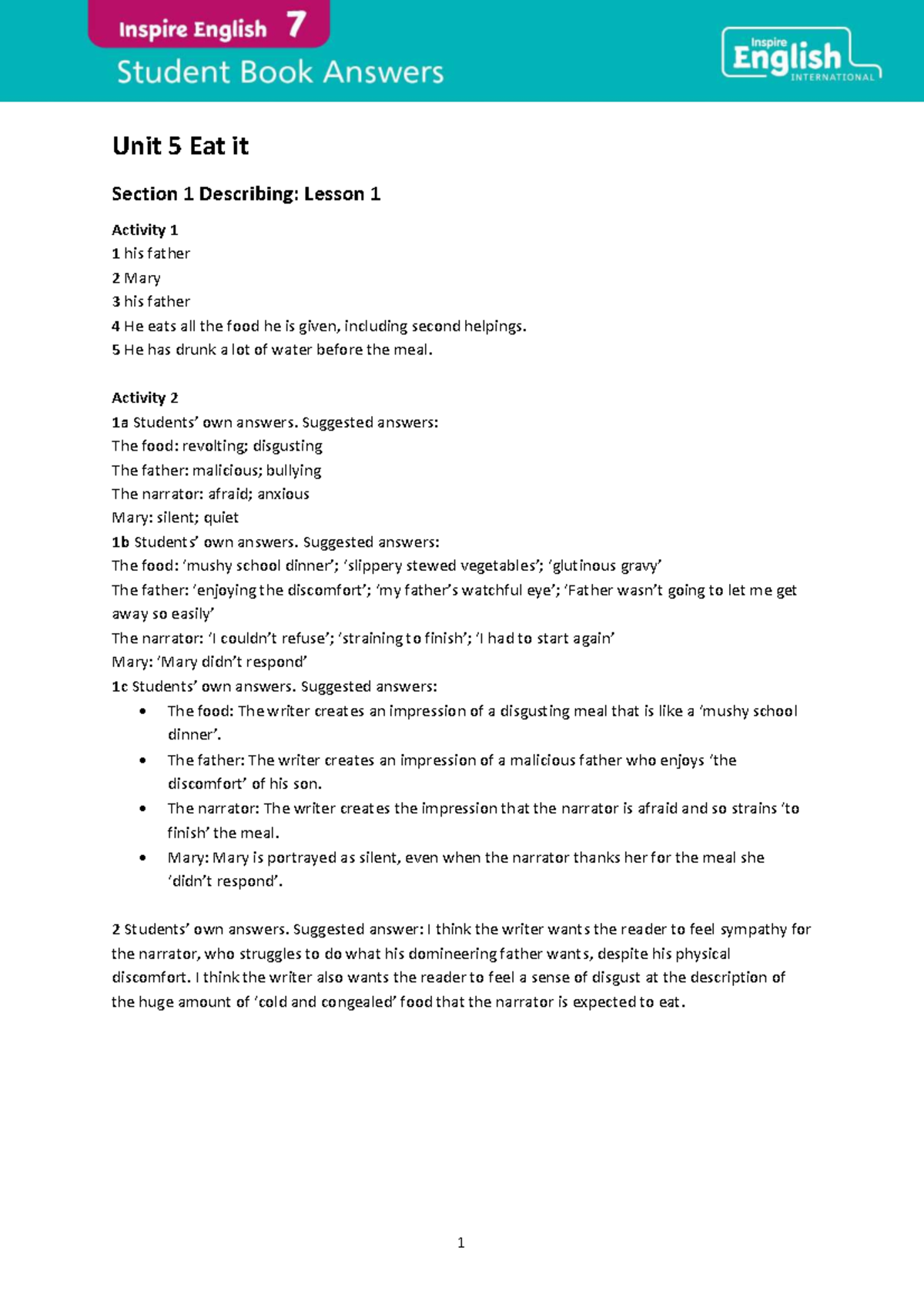 Unit 5: Describing Food and Cooking - Lesson Activities (IEI Y7) - Studocu