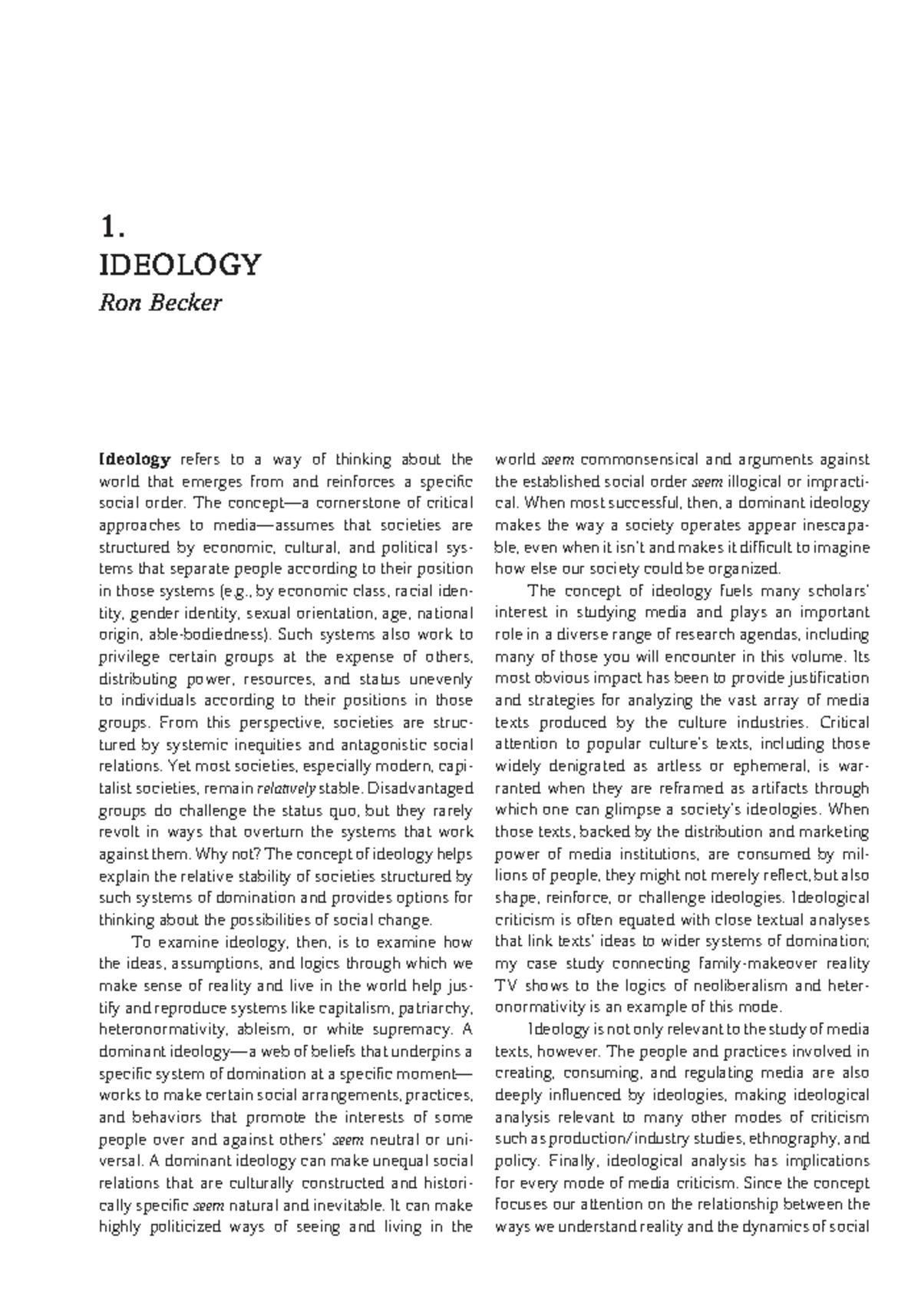 Critical Analysis of Ideology in Media: Insights from Ron Becker - Studocu