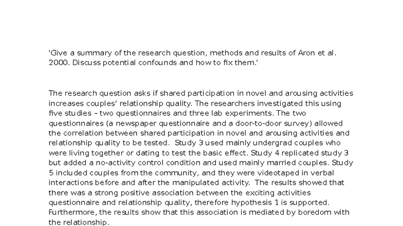 Summary of Research Methods & Results: Aron et al. Study on ...