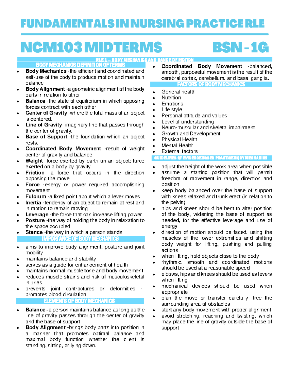 NCM 103 RLE 1: Body Mechanics & ROM Exercises Guide - BSN 1G - Studocu