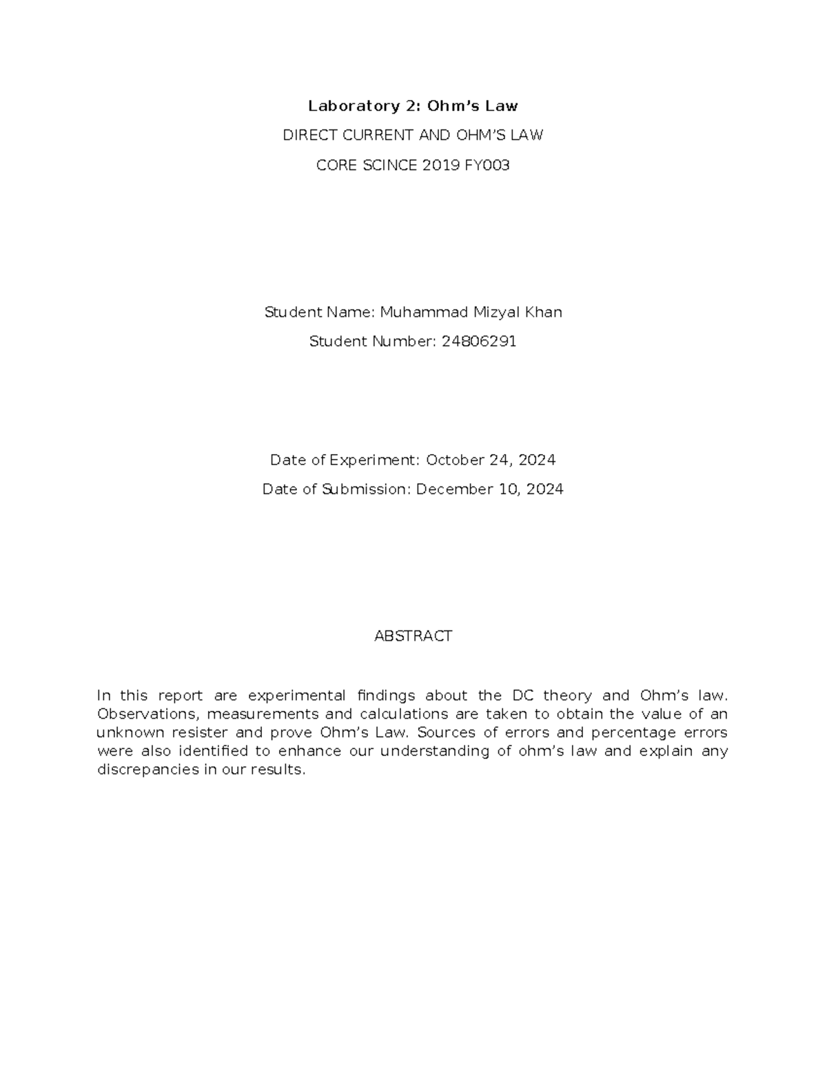 Laboratory 2 - Lab Report on DC Theory & Ohm's Law (Core Science 2019 ...