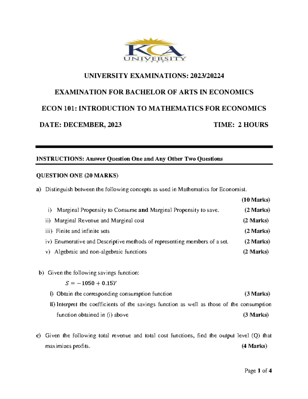 Final Exam for ECON 101: Introduction to Mathematics for Economics ...
