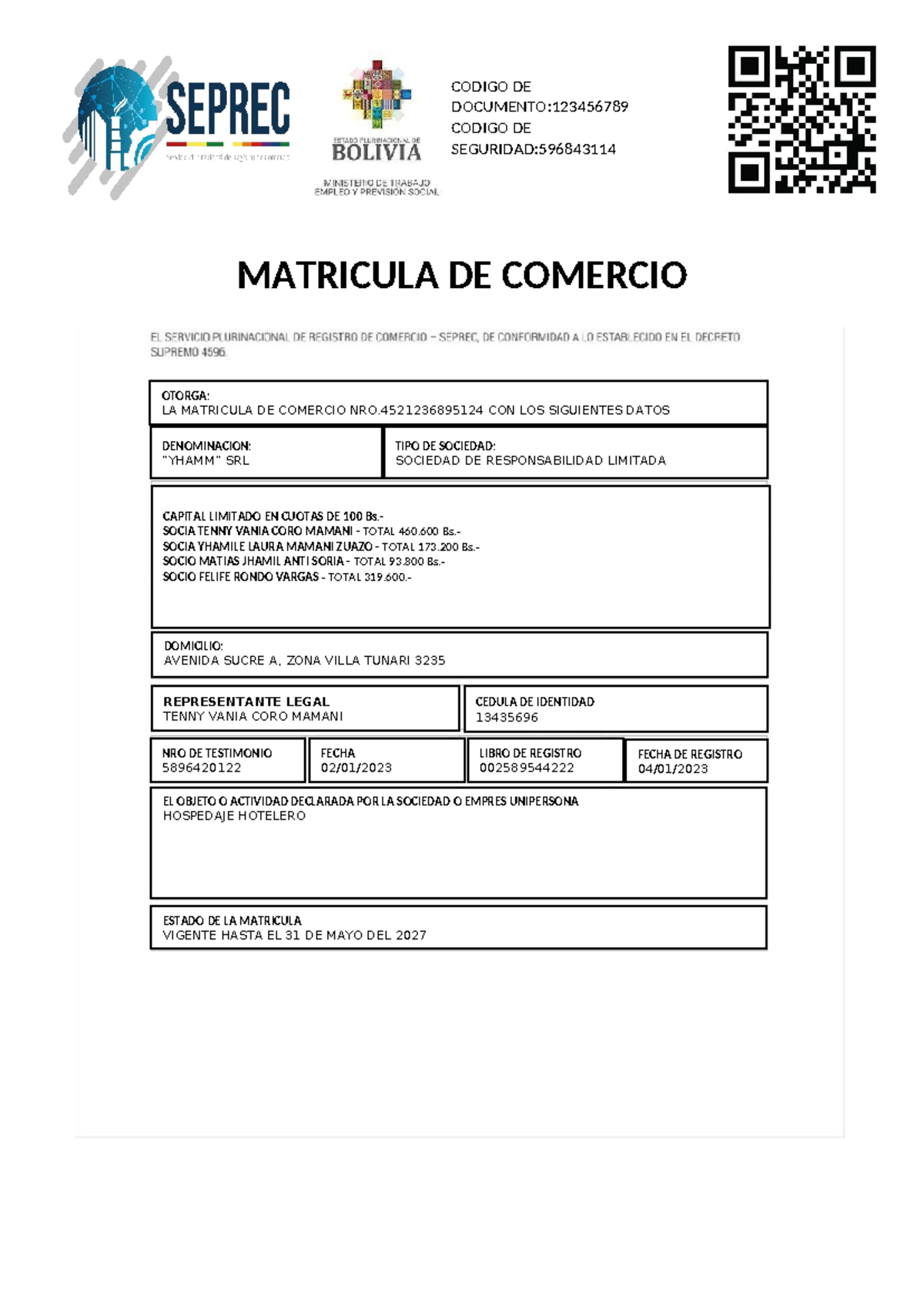 Matrícula de Comercio Empresa Hotelera - Documento Oficial N ...