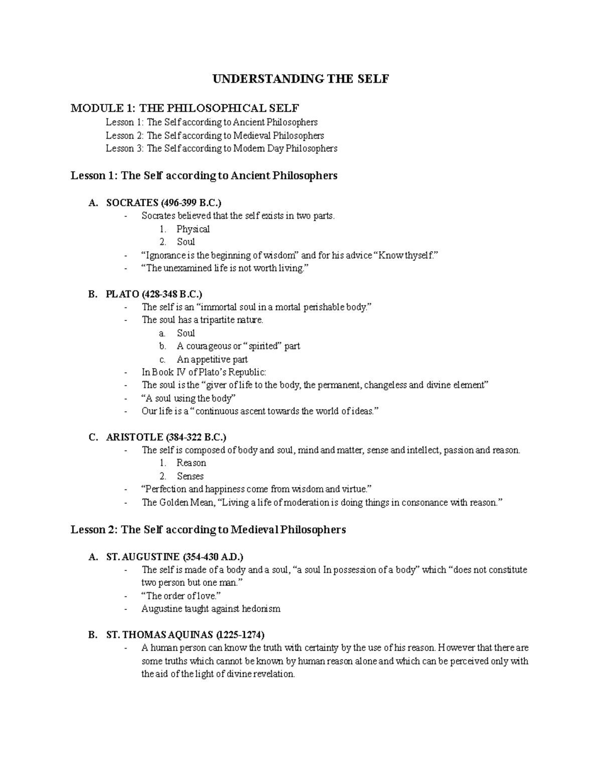 UTS Module 1-2 - UNDERSTANDING THE SELF MODULE 1: THE PHILOSOPHICAL SELF Lesson 1: The Self ...