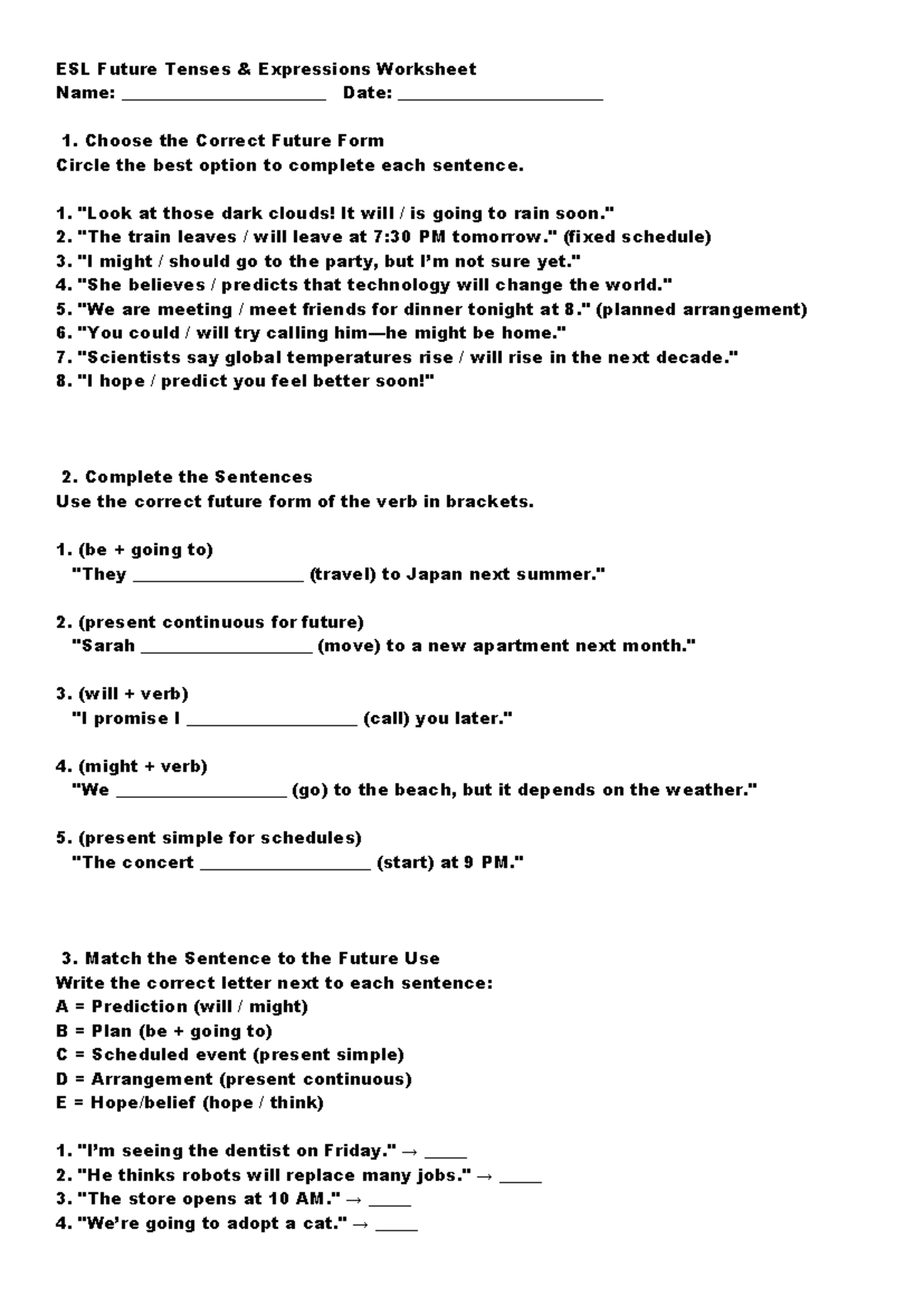 ESL Future Tenses Expressions Worksheet - Studocu