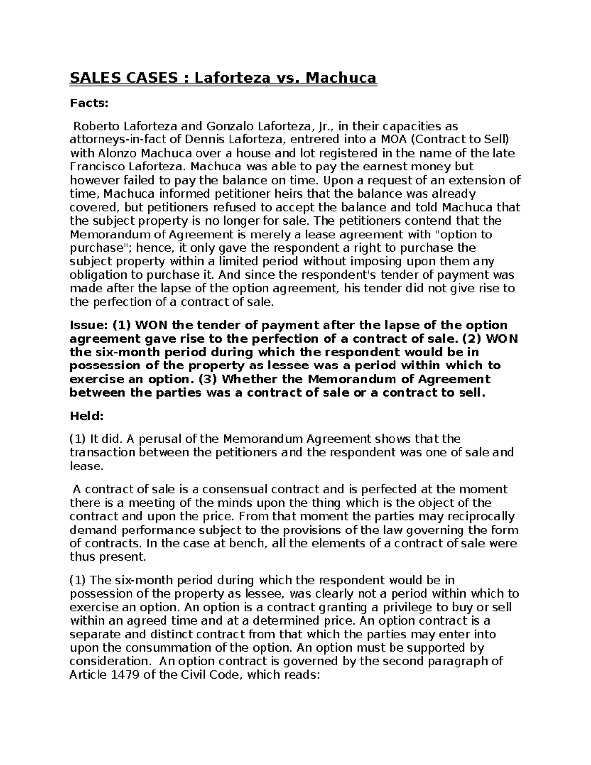 Sales Case Analysis: Laforteza vs. Machuca - Lecture Notes (Pure ...