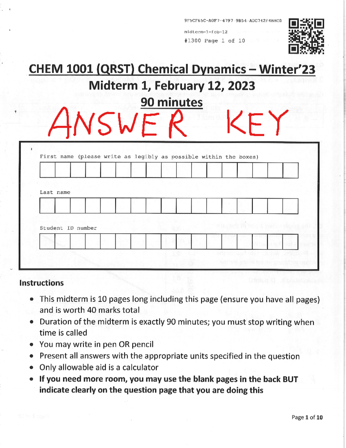 Midterm 1 Answer Key for Course 1001 - Studocu